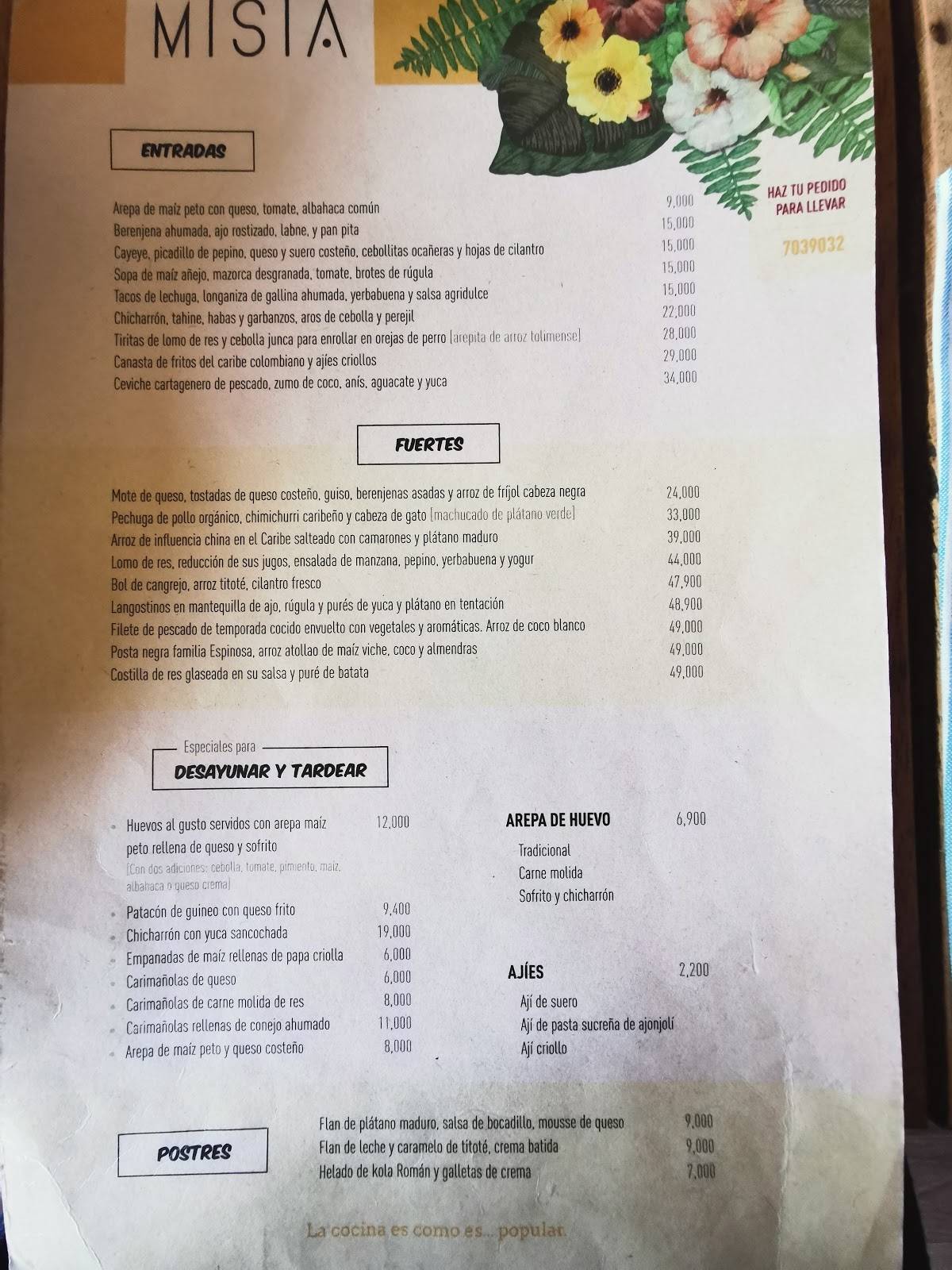 Carta del restaurante Misia por Leo Espinosa, Bogotá, Cra. 7 #6739