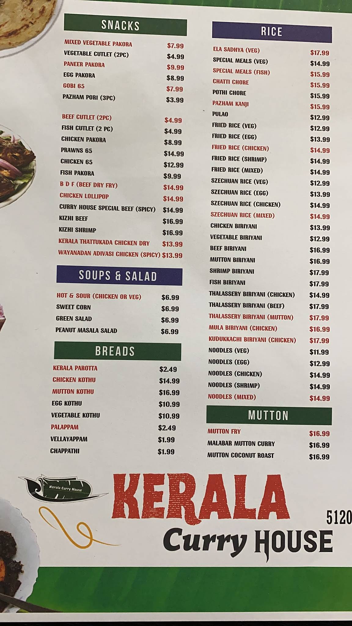 Menu au Kerala Curry House restaurant, Mississauga