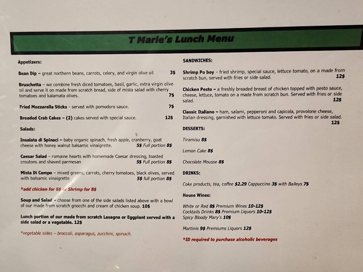 Menu at T Marie's Ristorante Italiano pub & bar, Mobile