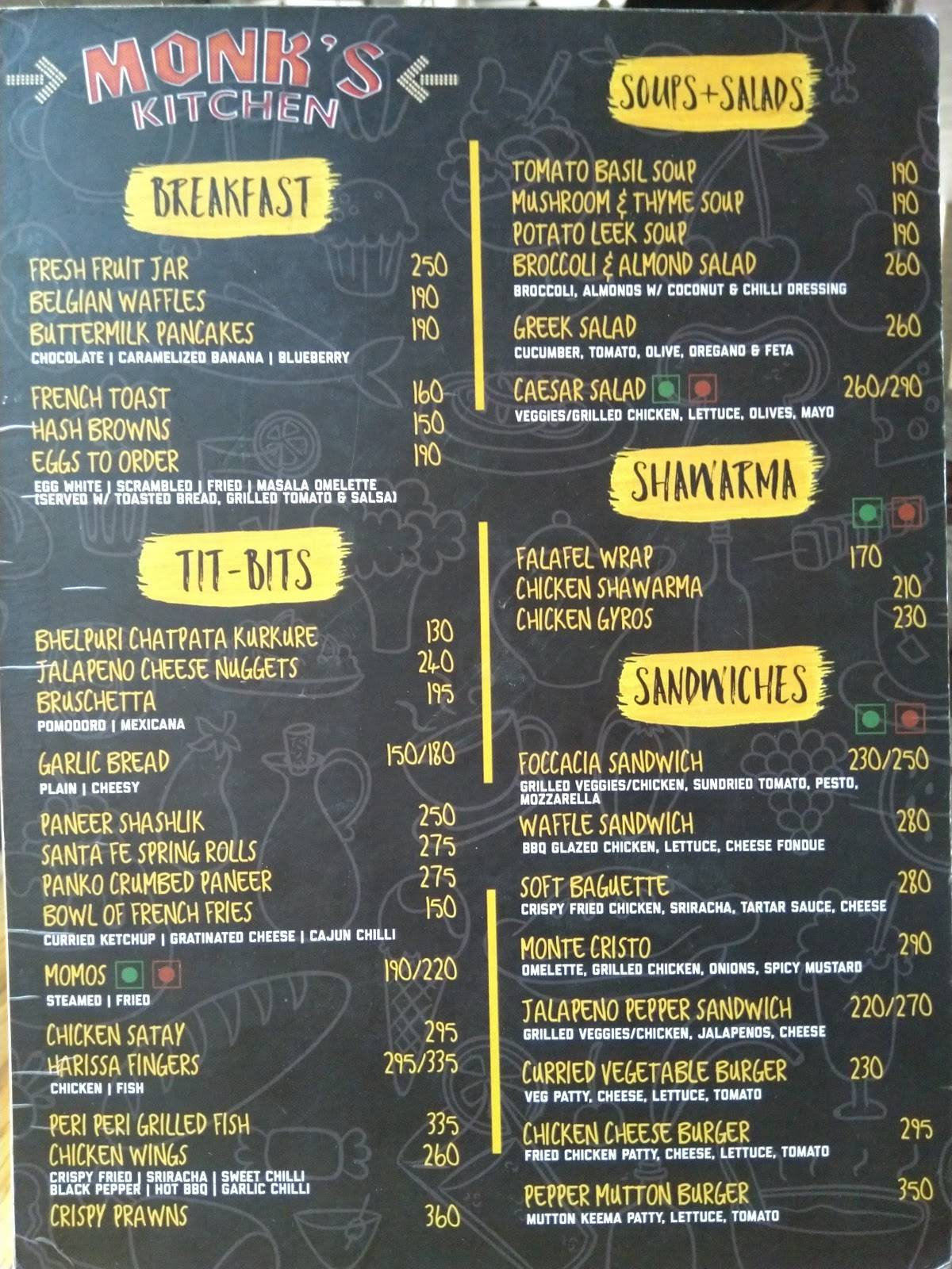 Menu at Monk's Kitchen, Vijayawada