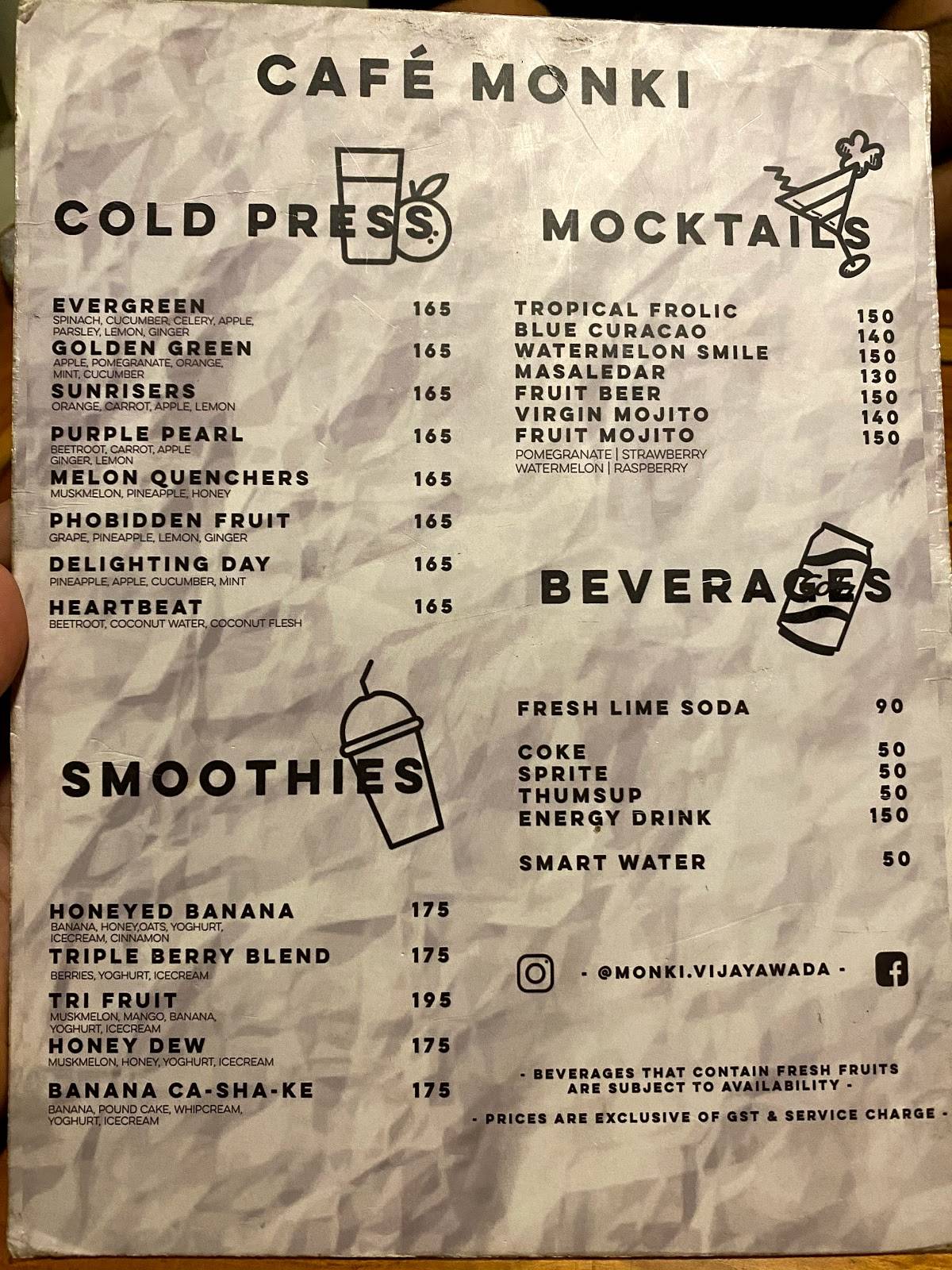 Menu at Monk's Kitchen, Vijayawada