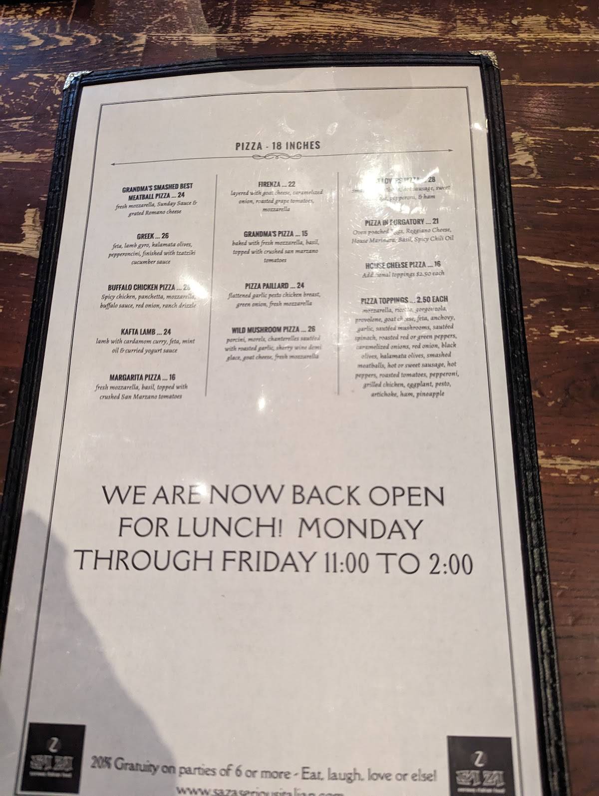 Menu at SaZa Serious Italian Food restaurant, Montgomery, 130 Commerce St