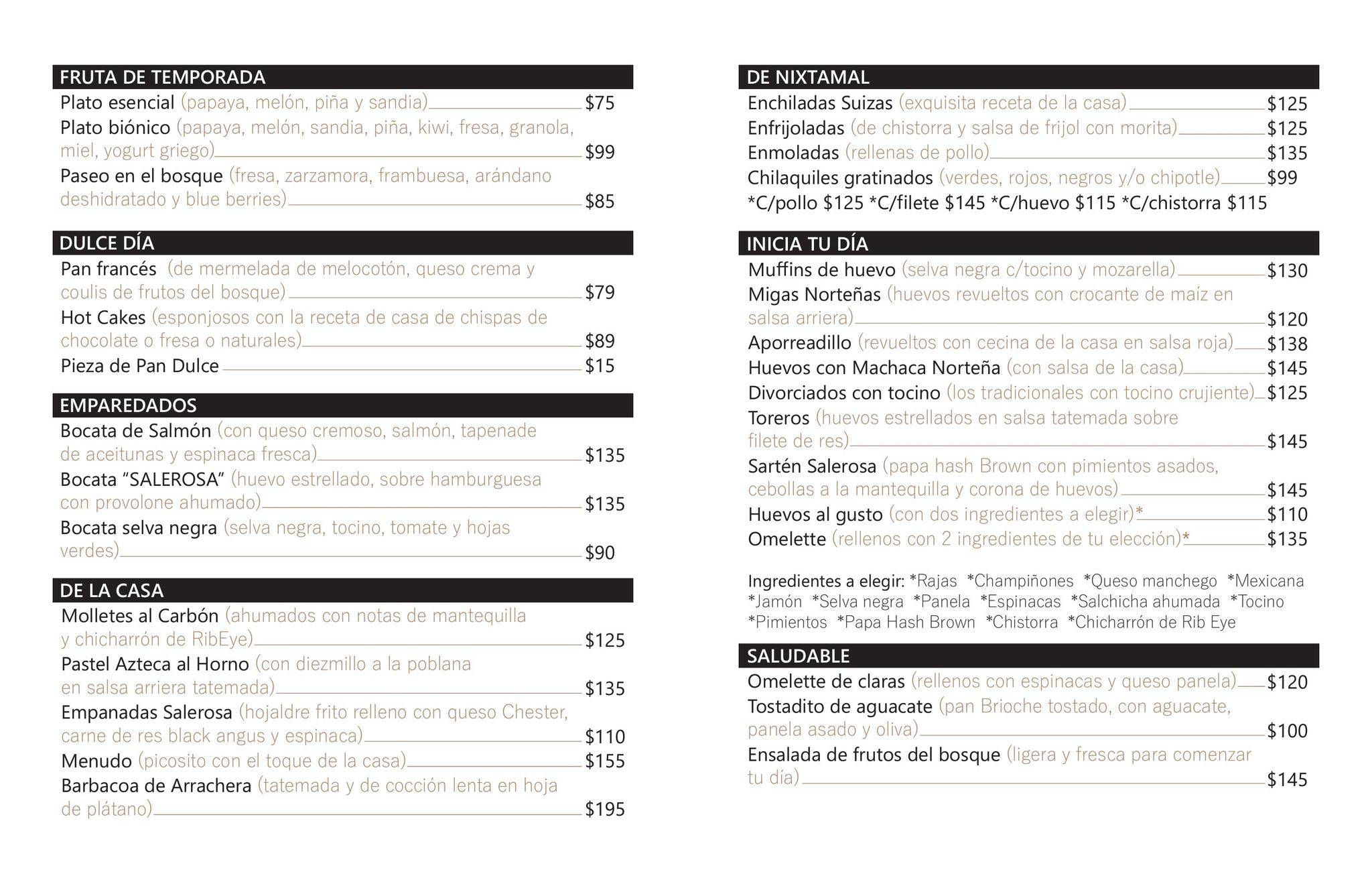 Carta del restaurante Salerosa Morelia, Morelia