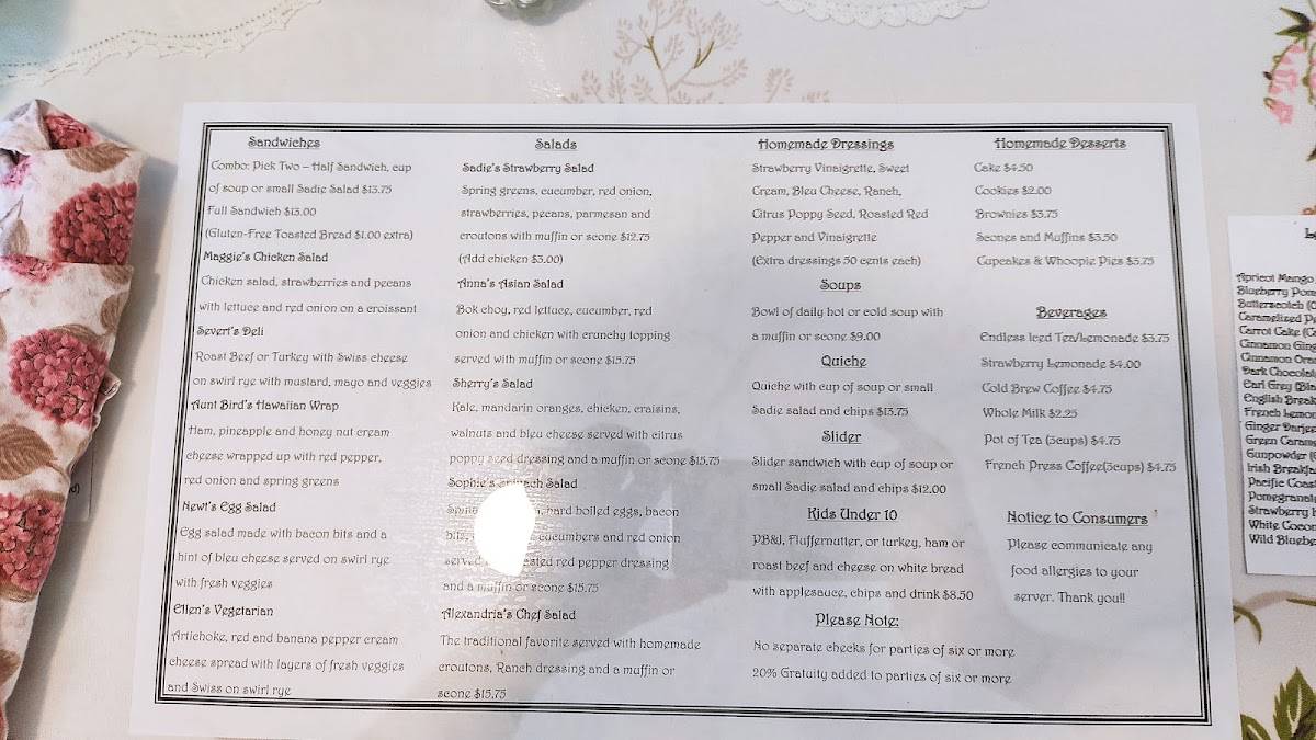 Menu at Letty Mae's Tea Room cafe, Morris