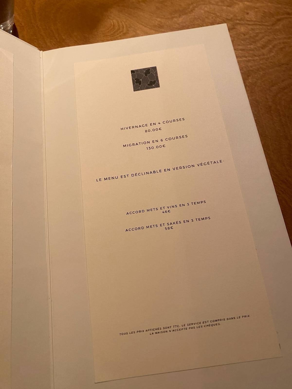 Menu au Mosuke restaurant, Paris