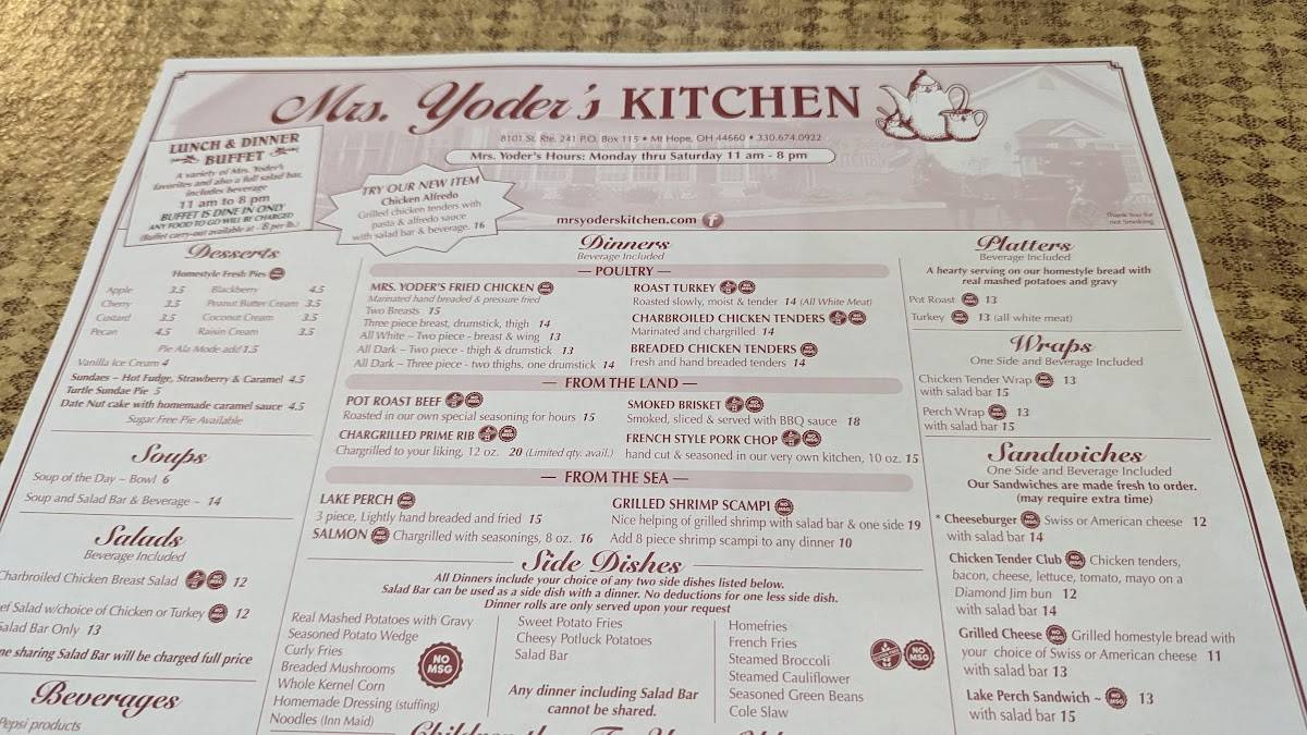 Menu at Mrs Yoders Kitchen restaurant, Mount Hope