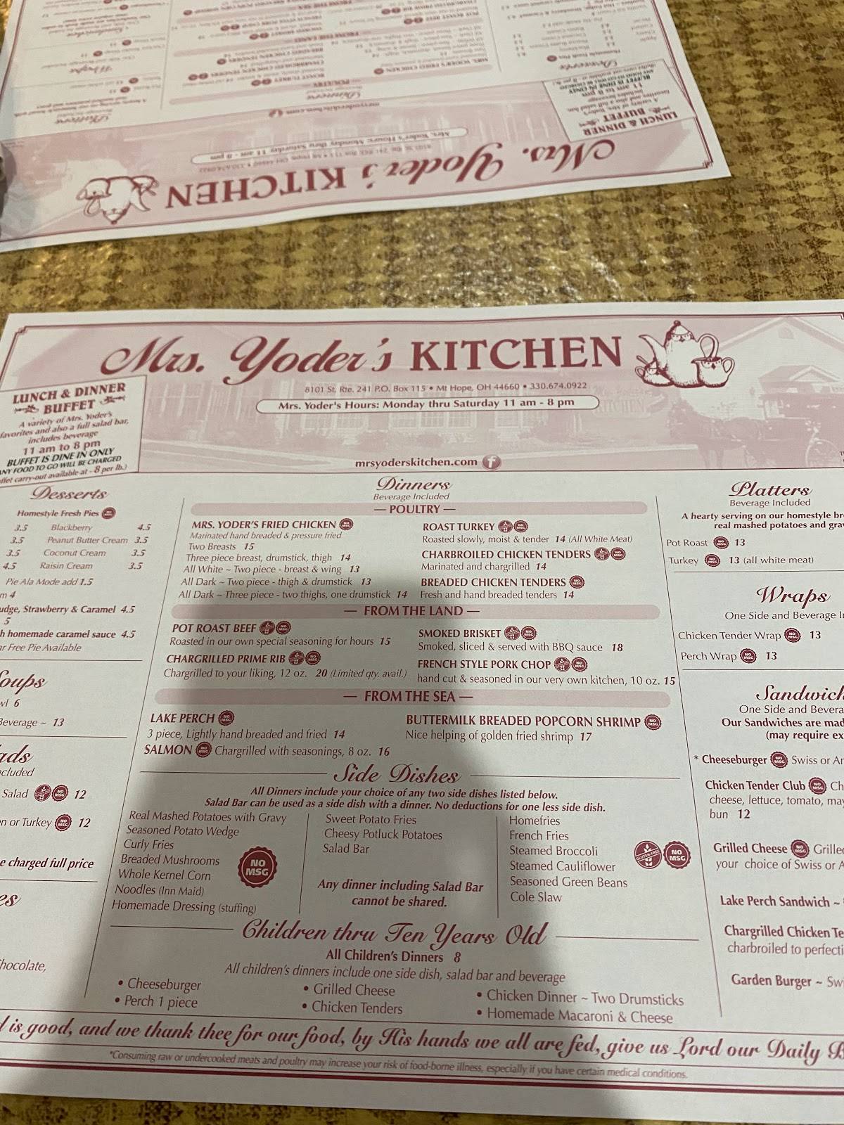 Menu at Mrs Yoders Kitchen restaurant, Mount Hope