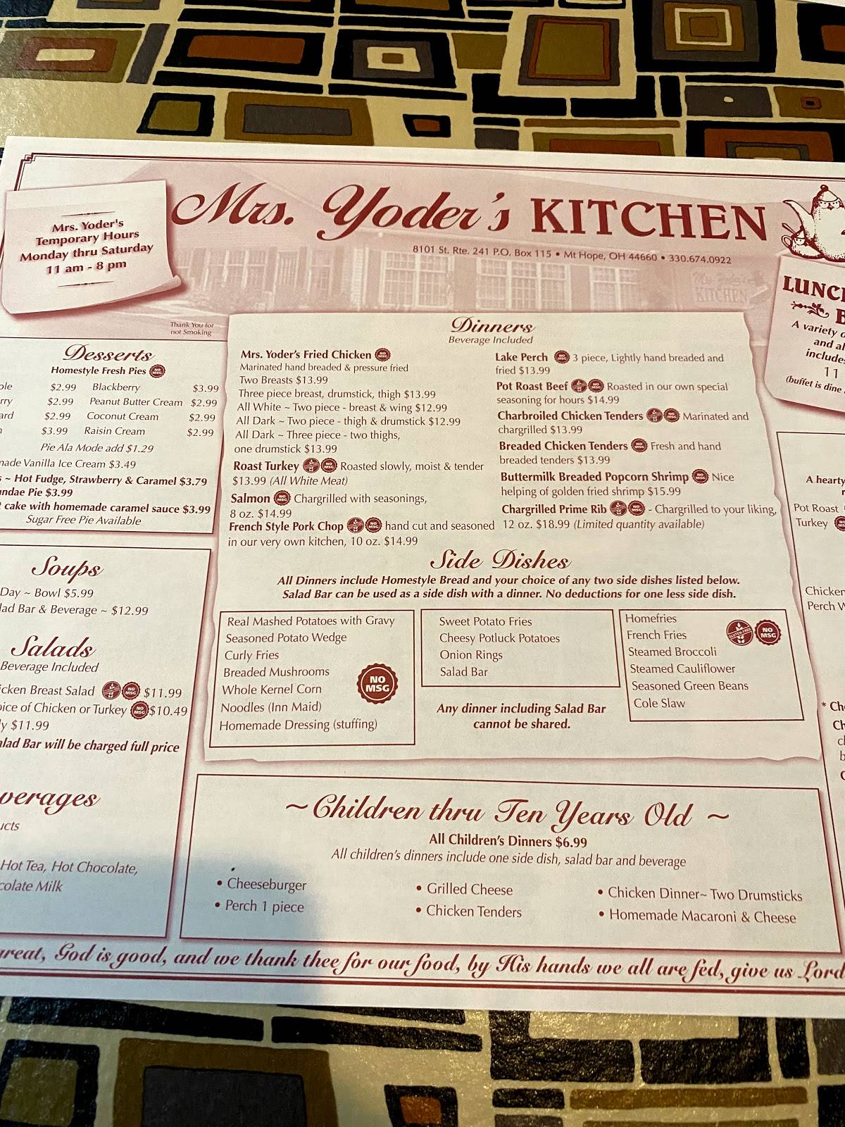 Menu at Mrs Yoders Kitchen restaurant, Mount Hope