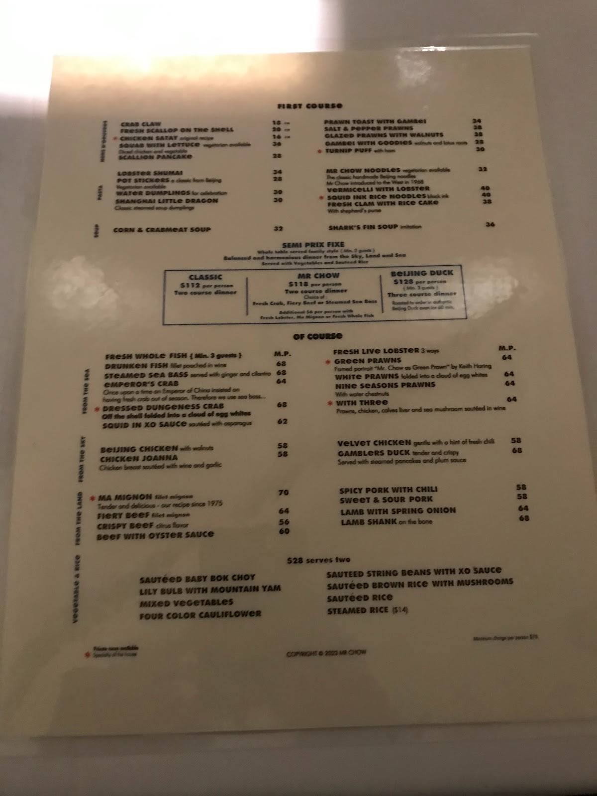 Menu at Mr Chow restaurant, Beverly Hills