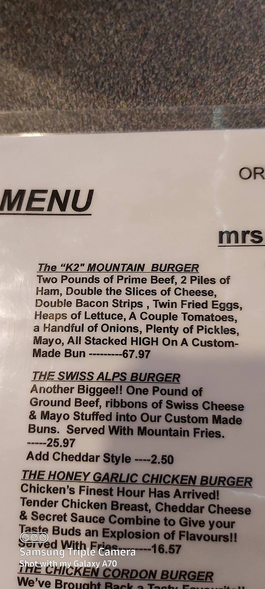Menu at Mrs. Riches Restaurant, Nanaimo