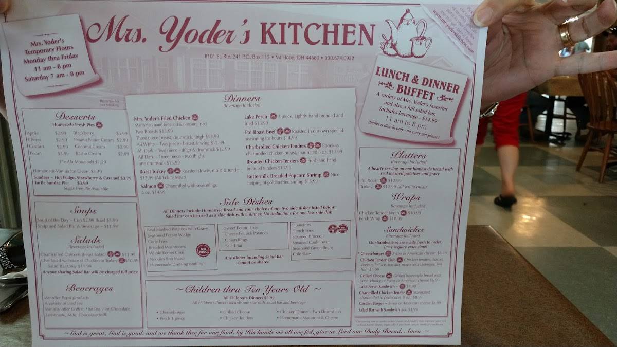 Menu at Mrs Yoders Kitchen restaurant, Mount Hope