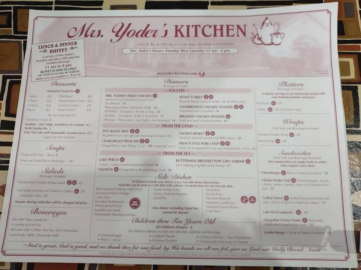 Menu at Mrs Yoders Kitchen restaurant, Mount Hope