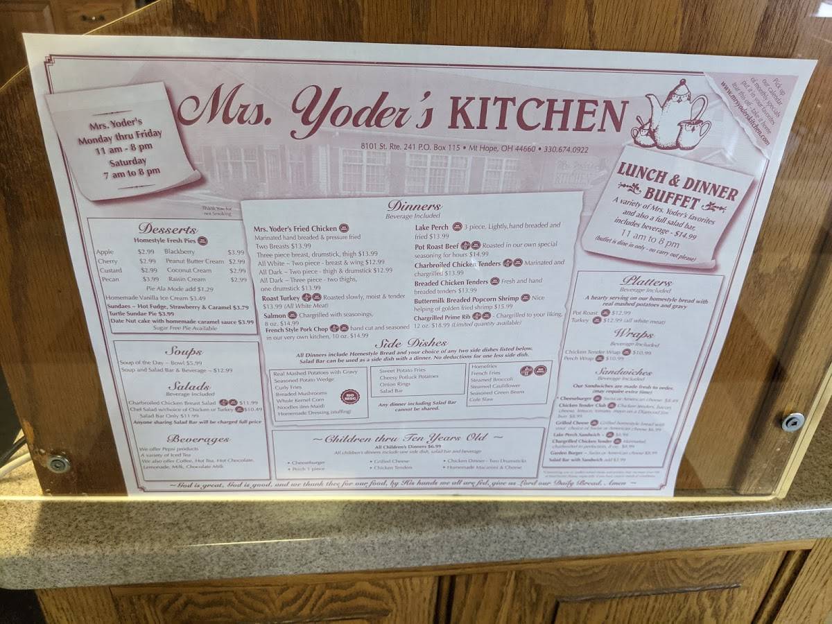 Menu at Mrs Yoders Kitchen restaurant, Mount Hope