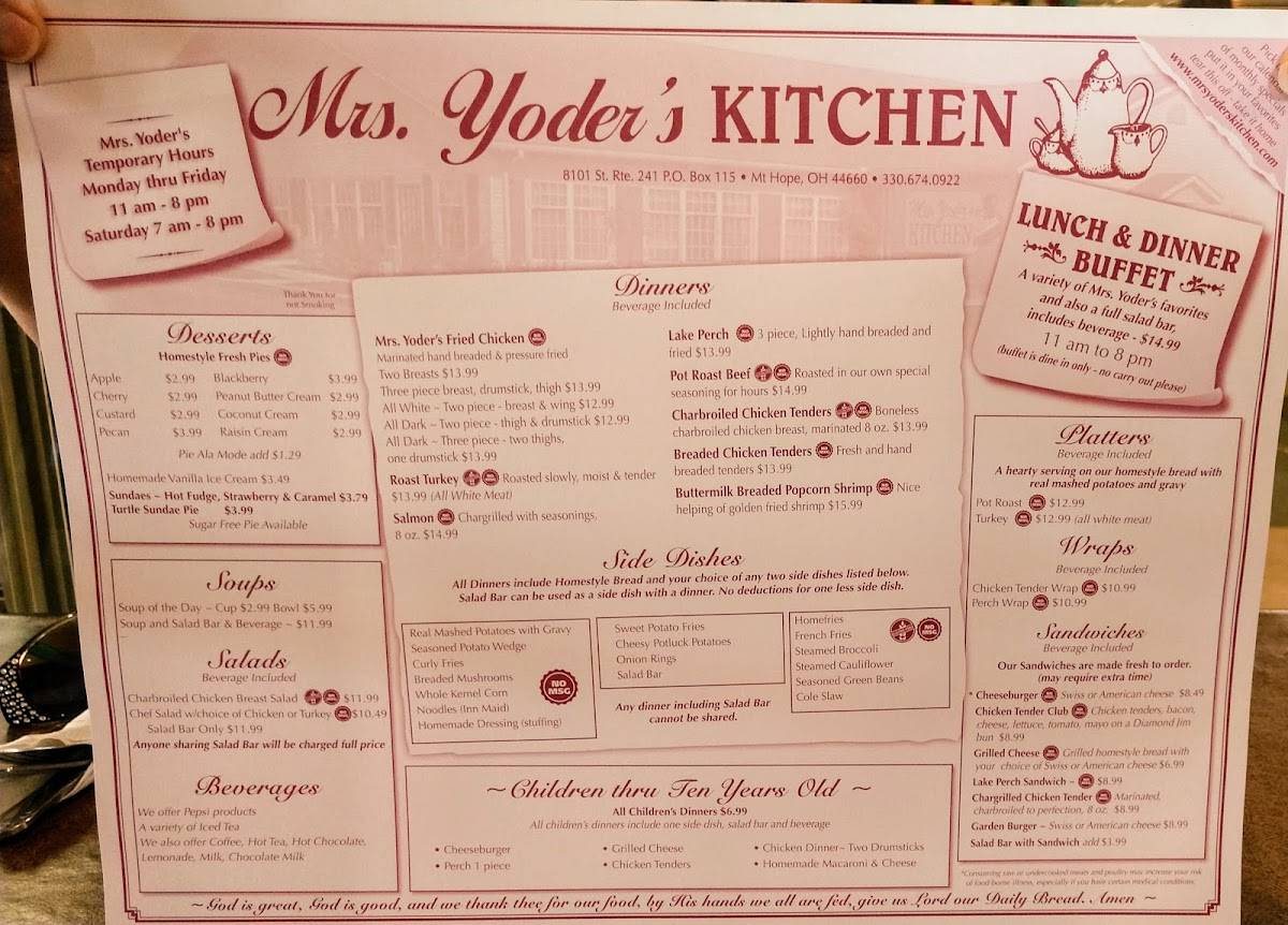 Menu at Mrs Yoders Kitchen restaurant, Mount Hope