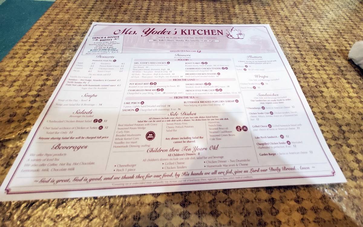 Menu at Mrs Yoders Kitchen restaurant, Mount Hope