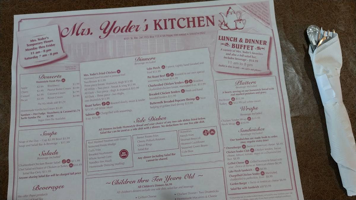 Menu at Mrs Yoders Kitchen restaurant, Mount Hope