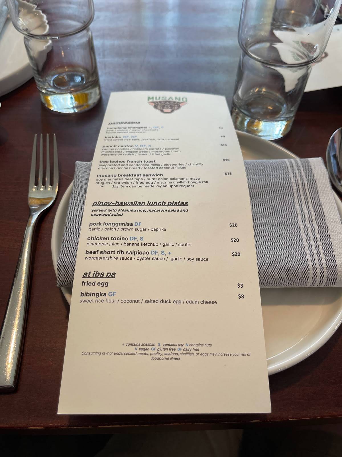 Menu at Musang restaurant, Seattle