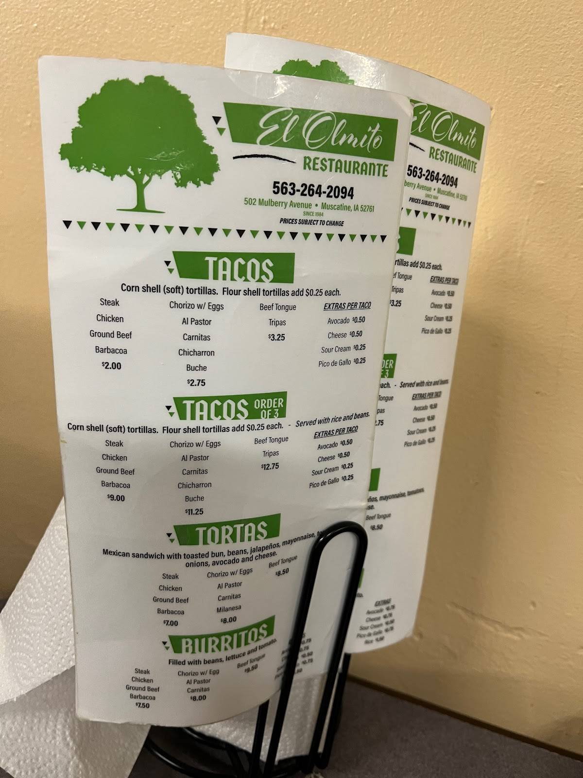 Menu at El Olmito Mexican Grocery restaurant, Muscatine
