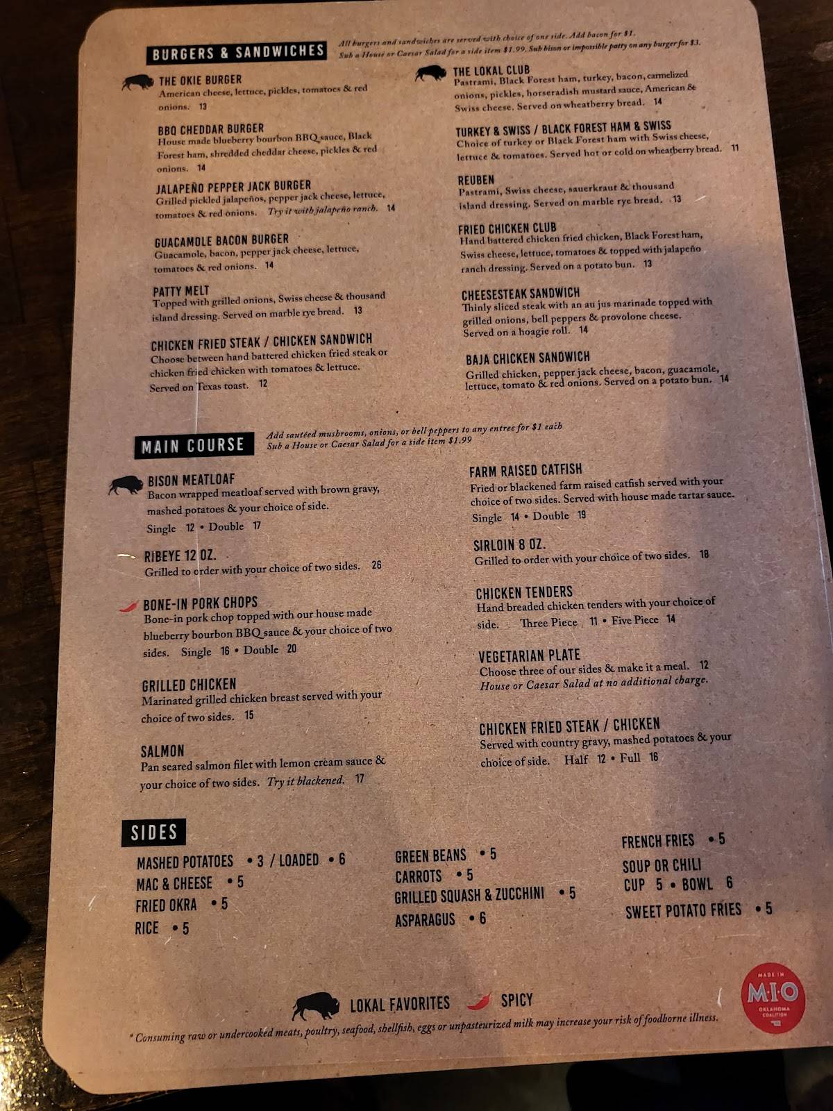 Menu at The Lokal Mustang pub & bar, Mustang