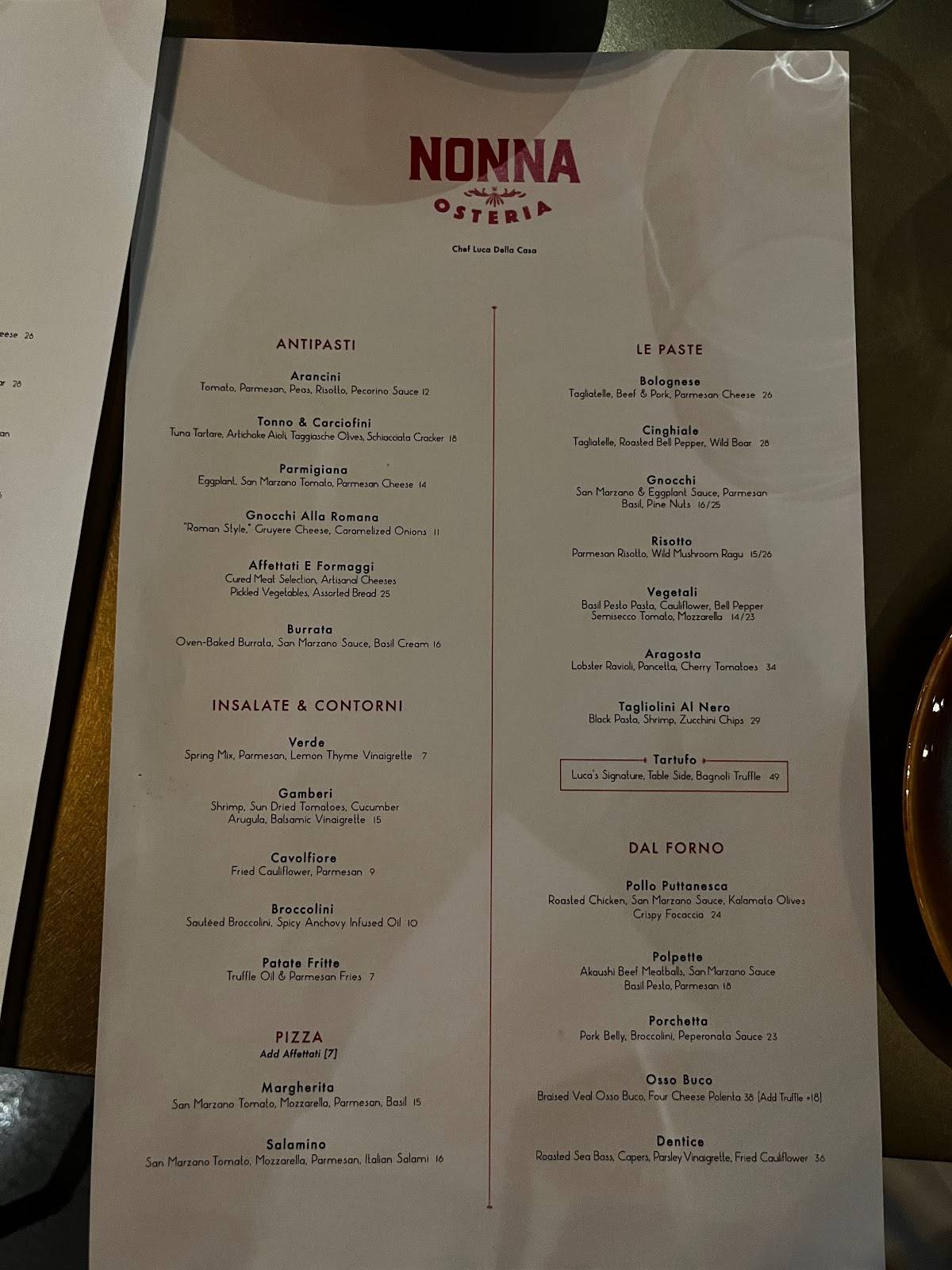 Menu at NONNA Osteria - 1604 pub & bar, San Antonio