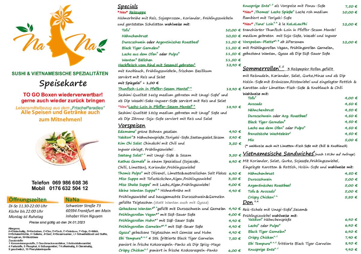 Speisekarte von NaNa Sushi & vietnamesische Spezialitäten restaurant ...
