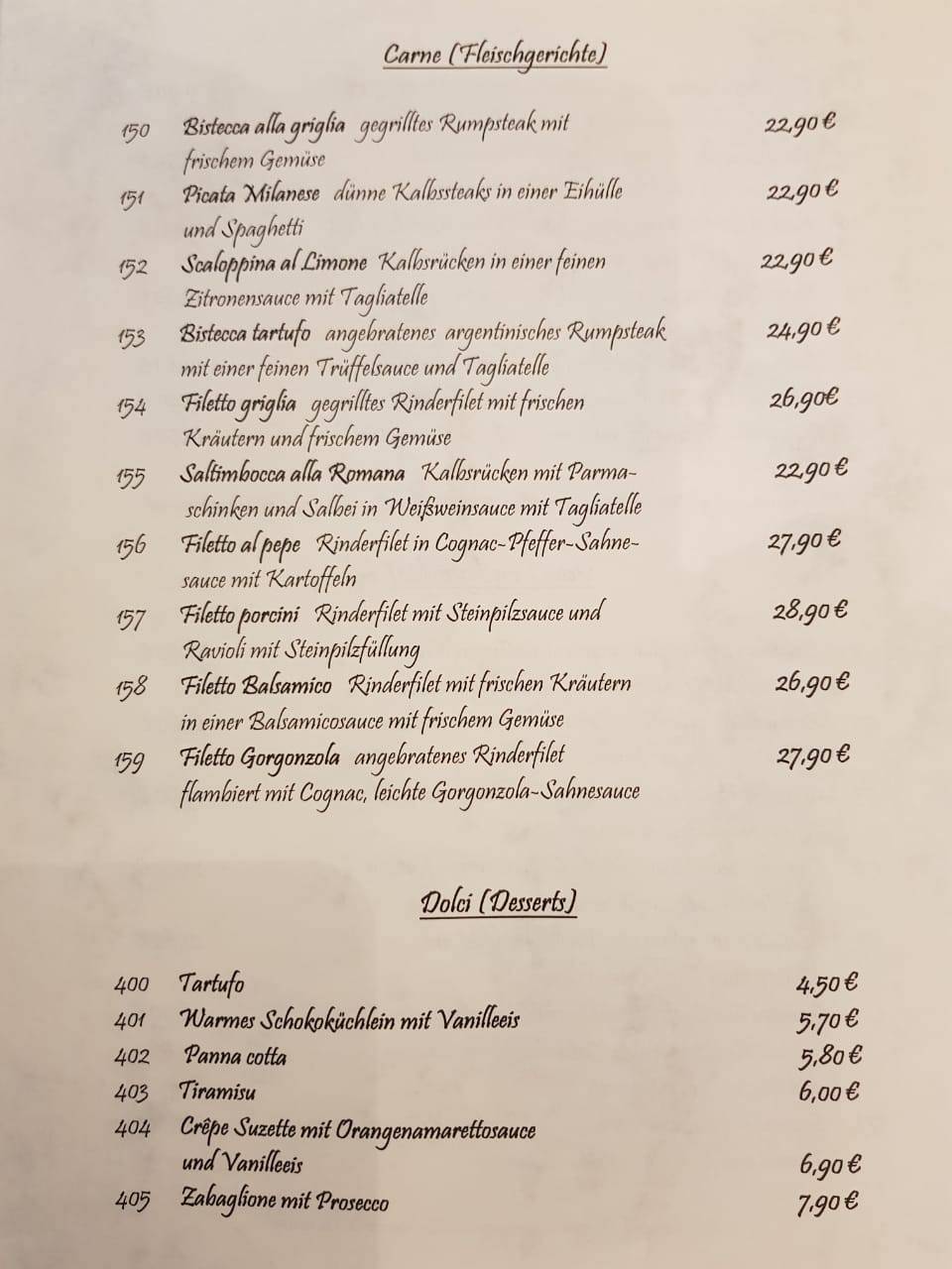 Menu at Fellini restaurant, Nagold