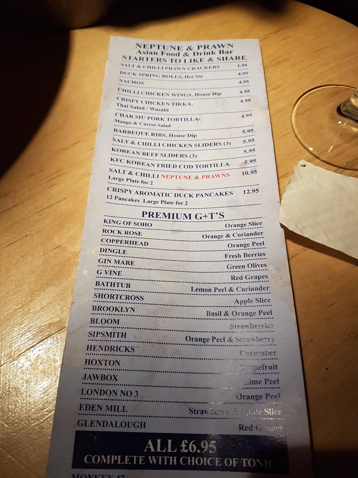 Menu at Neptune & Prawn pub & bar, Portrush