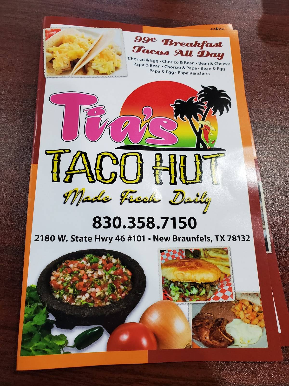Menu at Tia's Taco Hut restaurant, New Braunfels