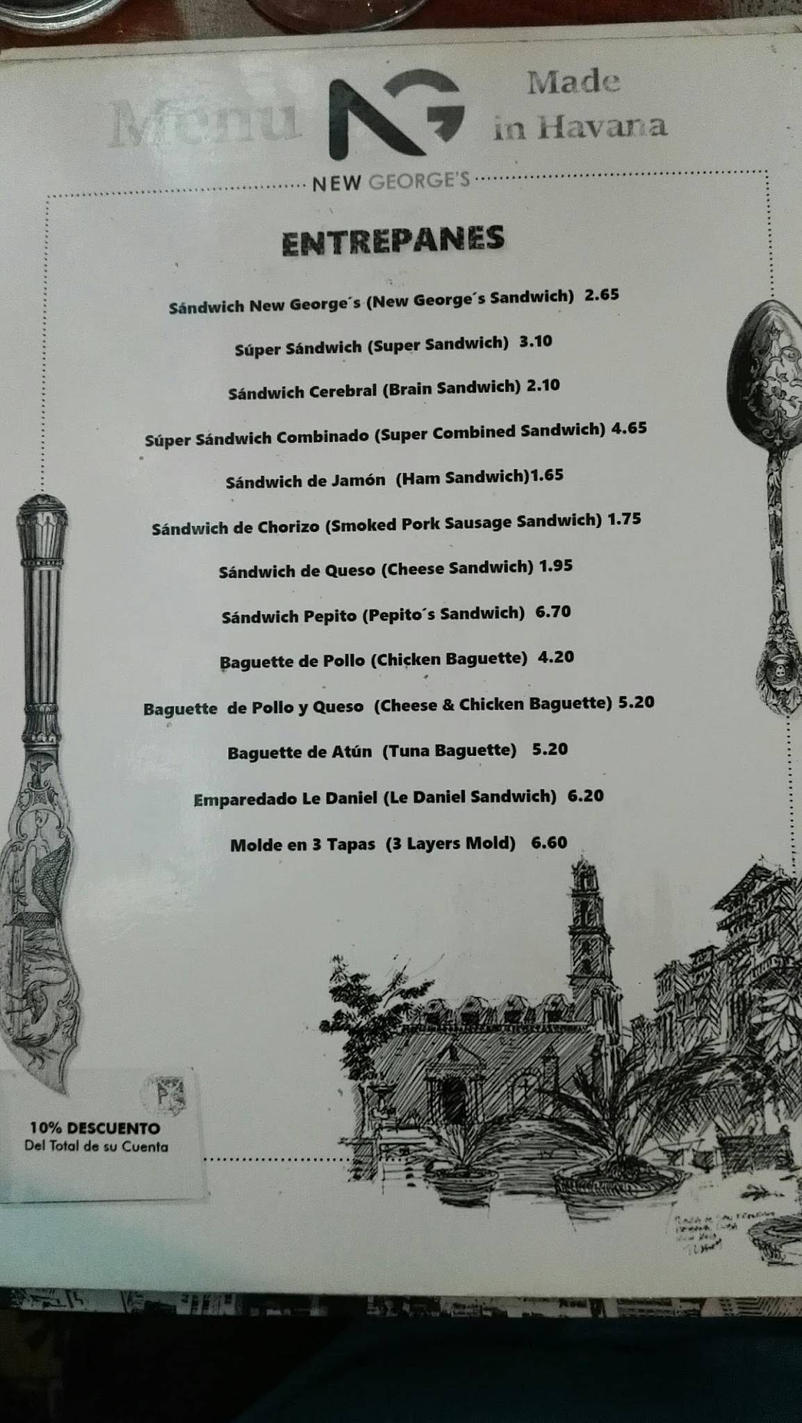 Menu at New Georges restaurant, Havana