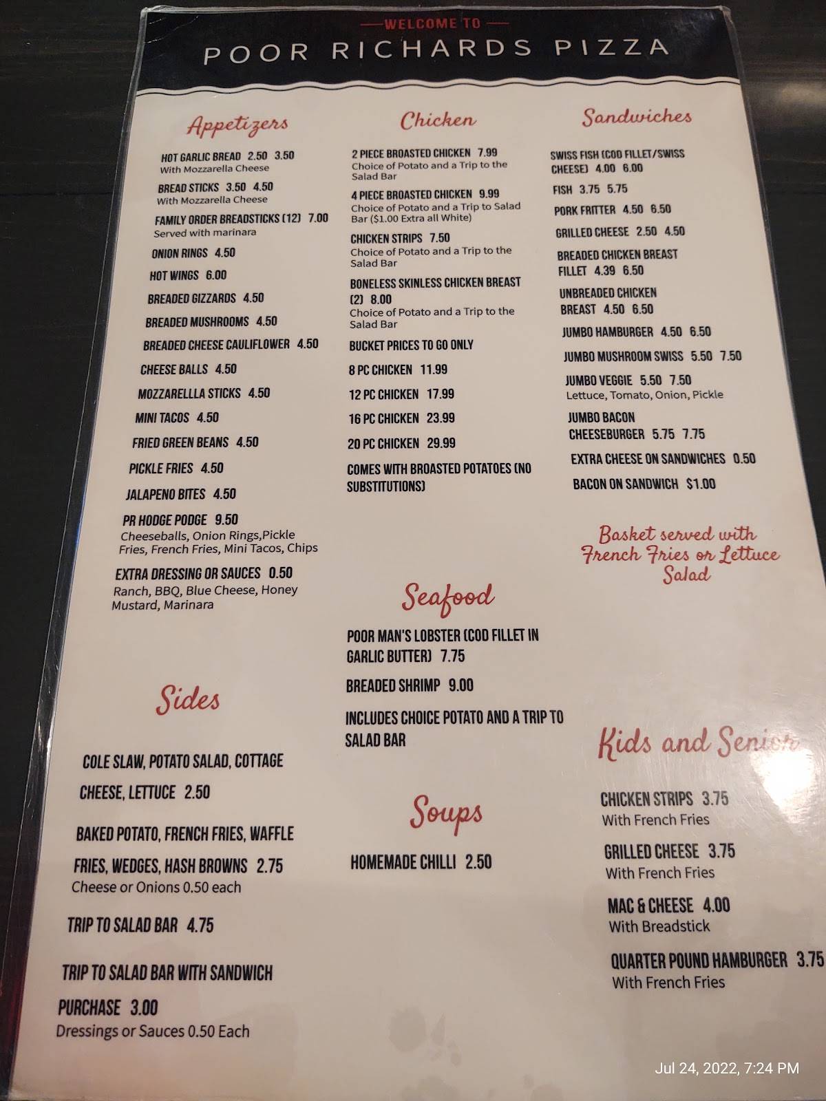 Menu at Poor Richard's Restaurant, New Hampton