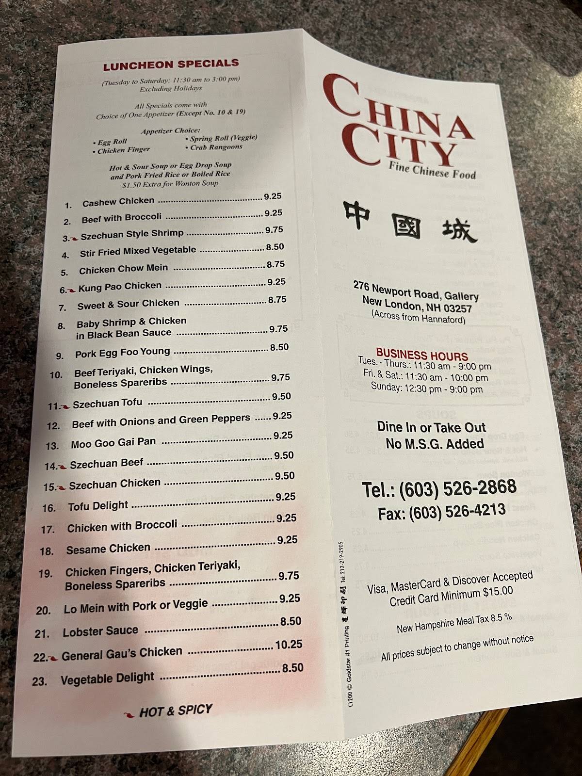 Menu at China City restaurant, New London
