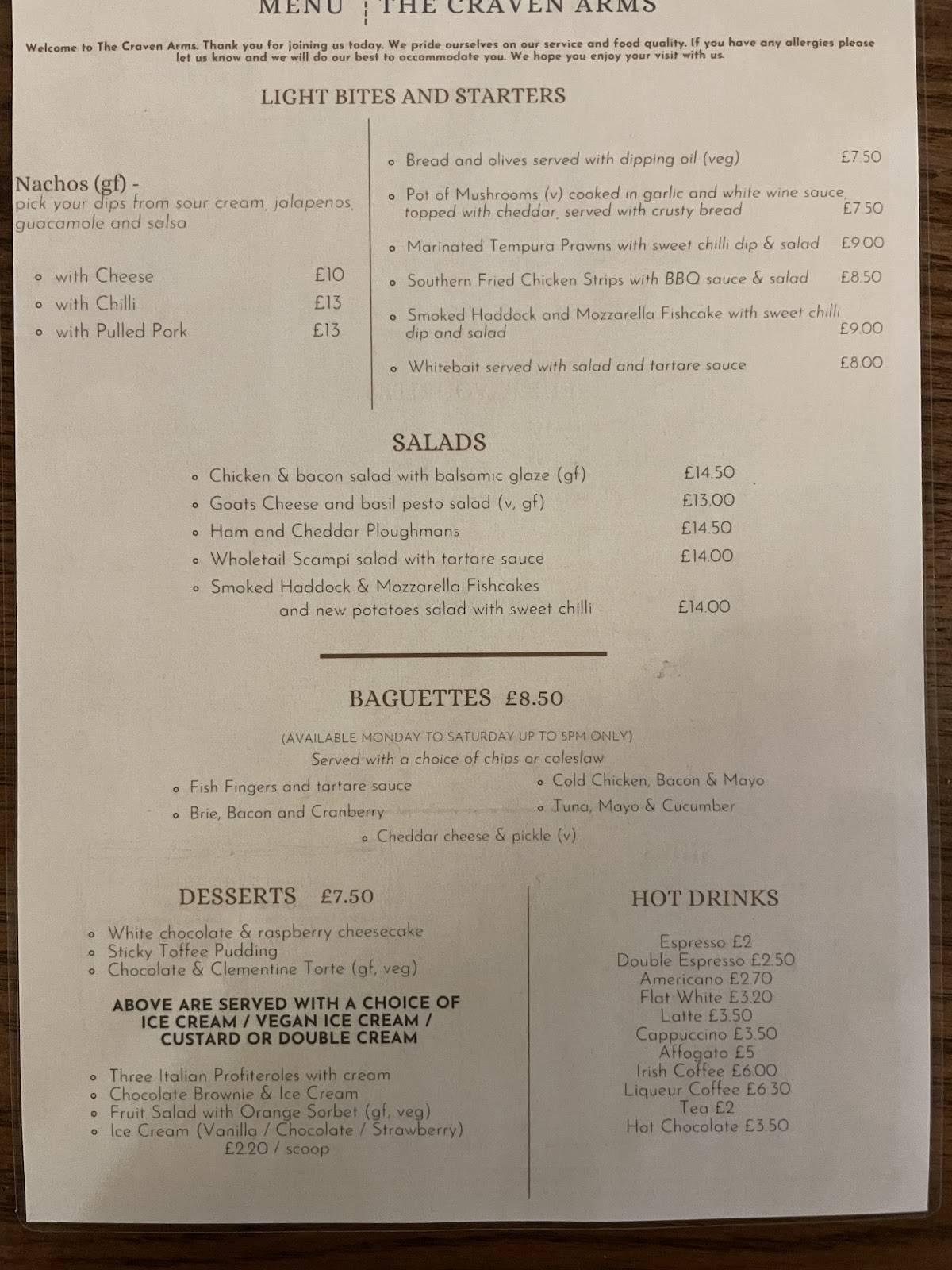 Menu at The Craven Arms pub & bar, Newbury