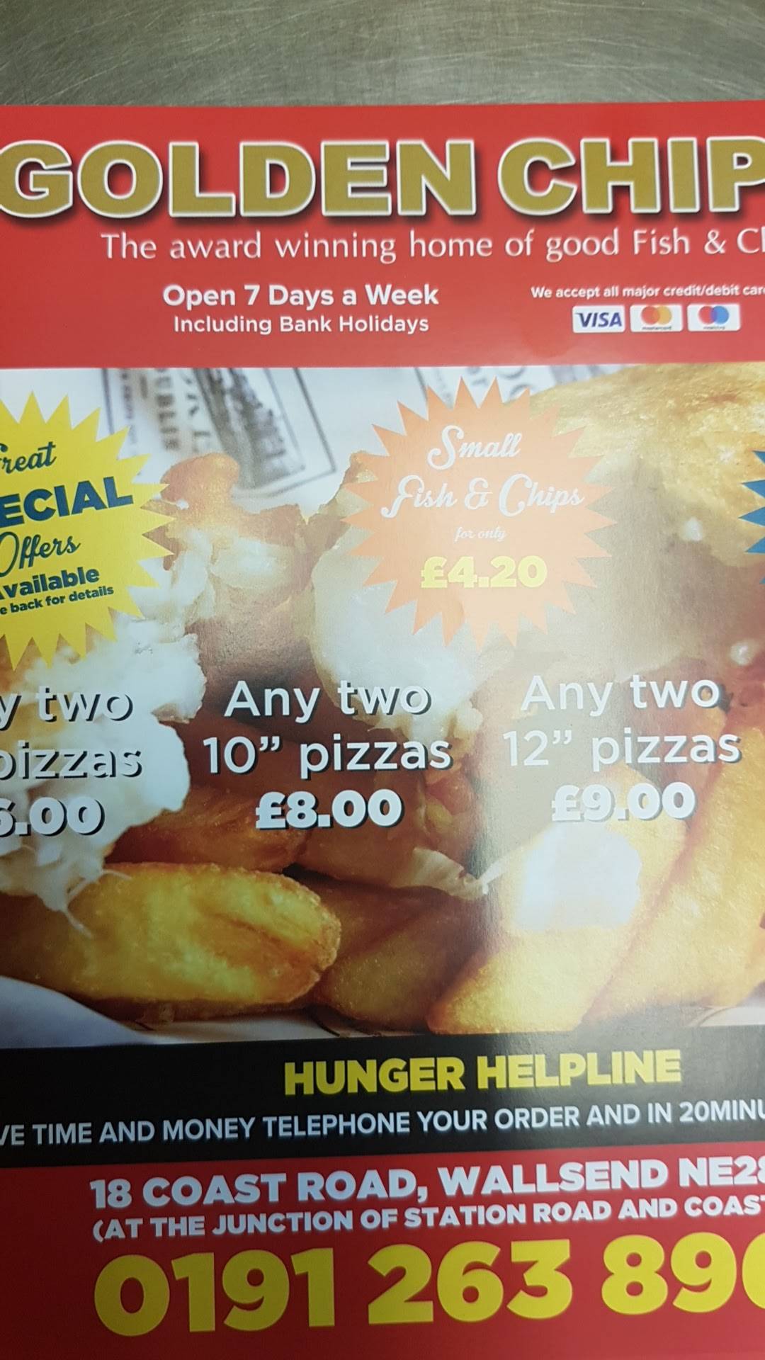 Menu at Golden Chippy restaurant, Wallsend, 18 Coast Rd