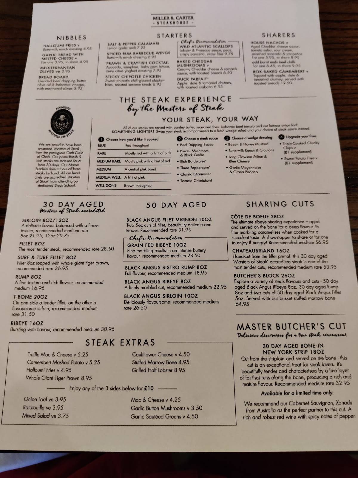 Menu at Miller & Carter Gosforth Park steakhouse, Newcastle upon Tyne ...