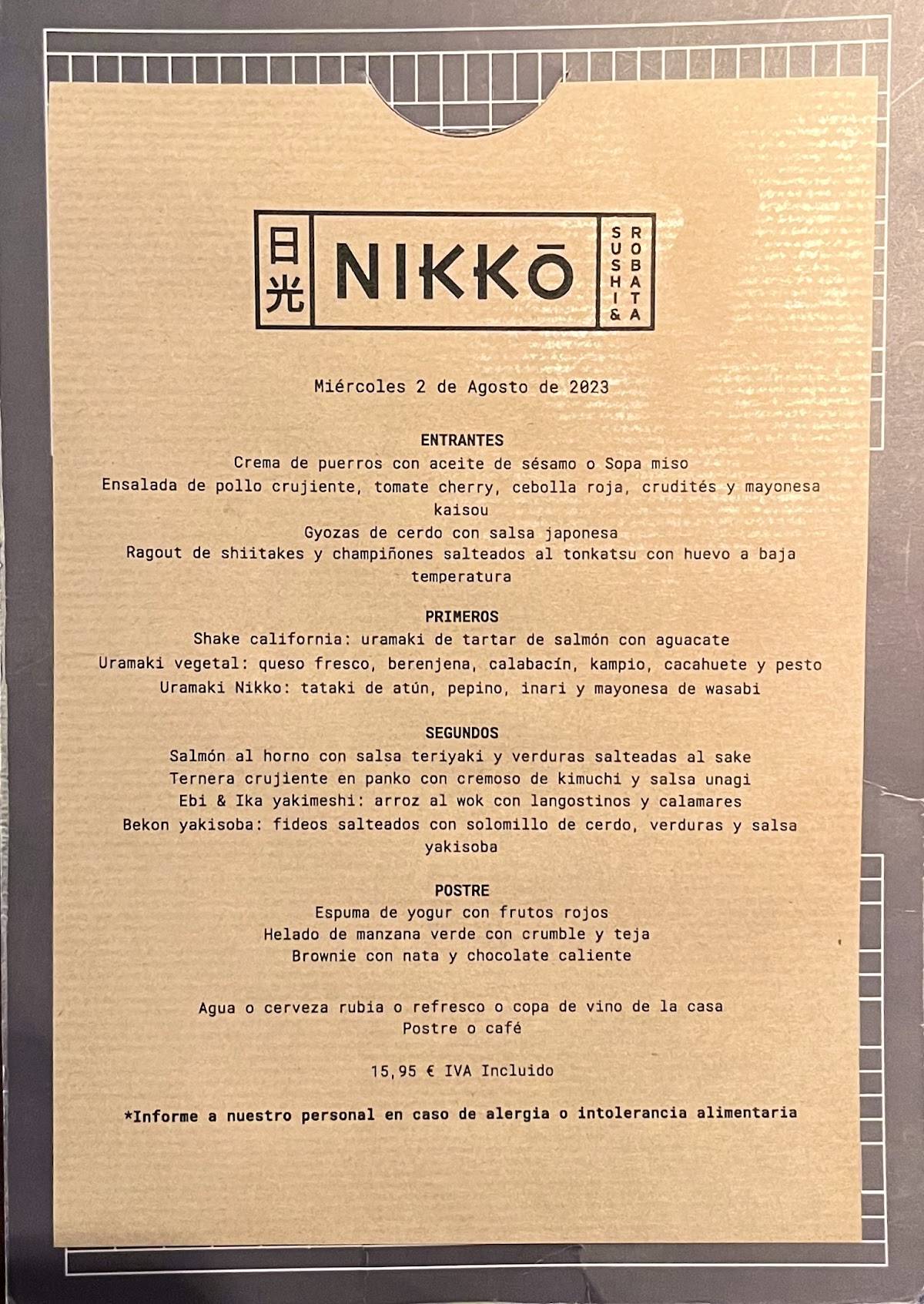 Carta del restaurante Nikko, Bilbao