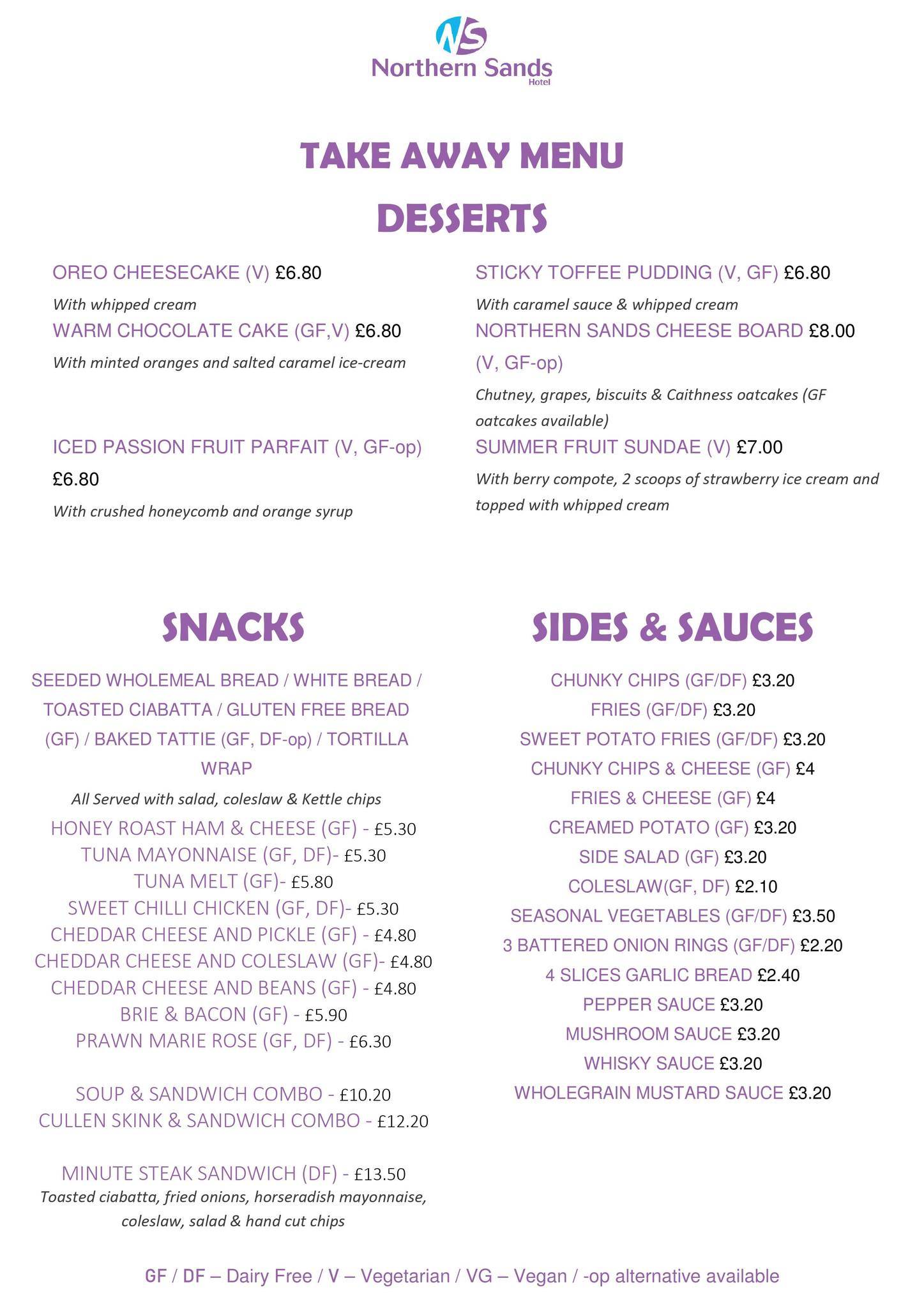 Menu at Northern Sands Hotel pub & bar, Dunnet