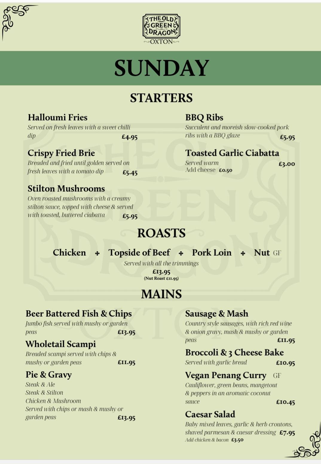 Menu at The Old Green Dragon pub & bar, Oxton