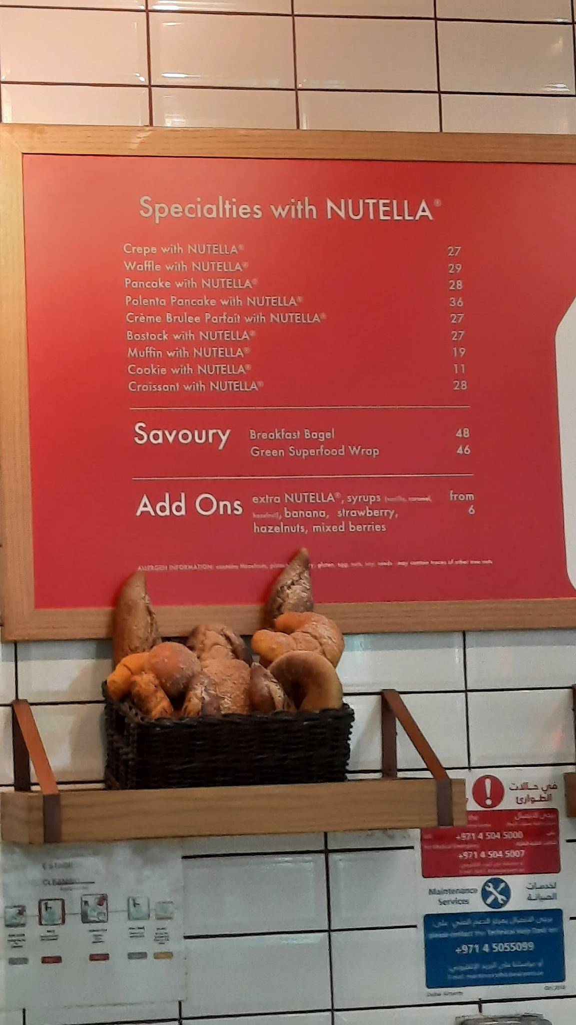 Menu at Nutella Cafe @ Dubai Airport, UAE