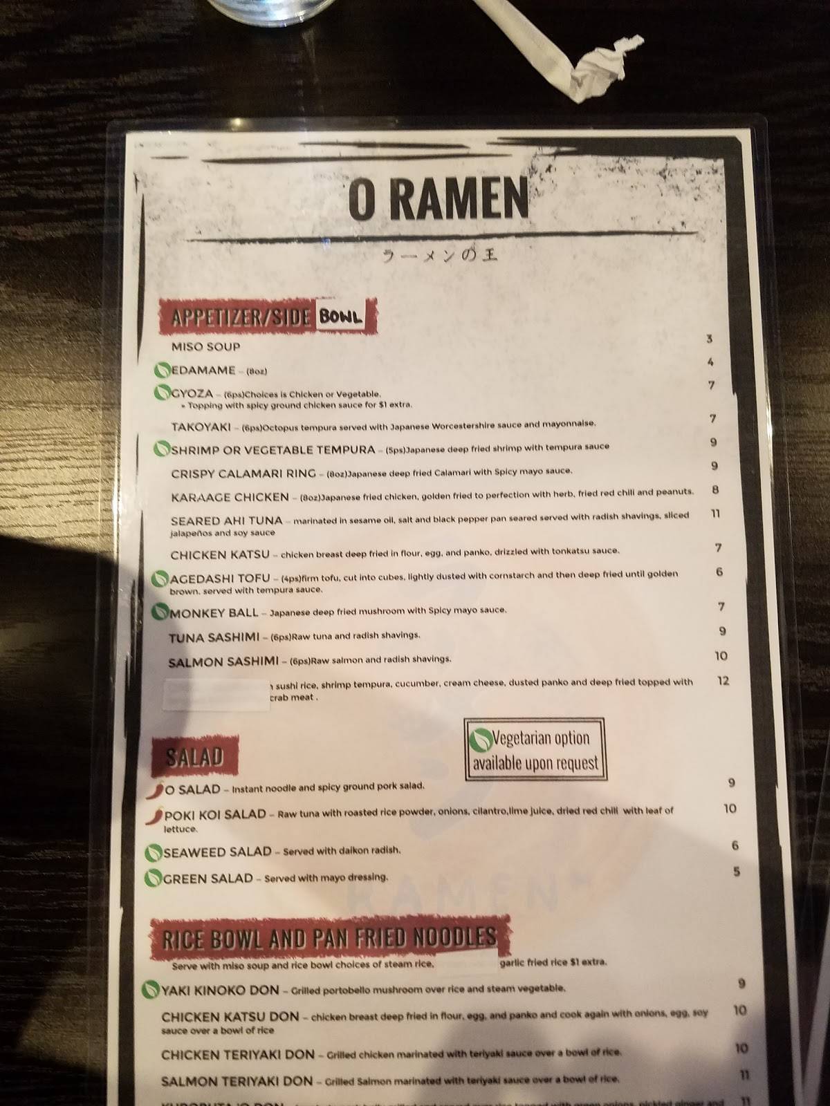 Menu at O Ramen desserts, Bakersfield