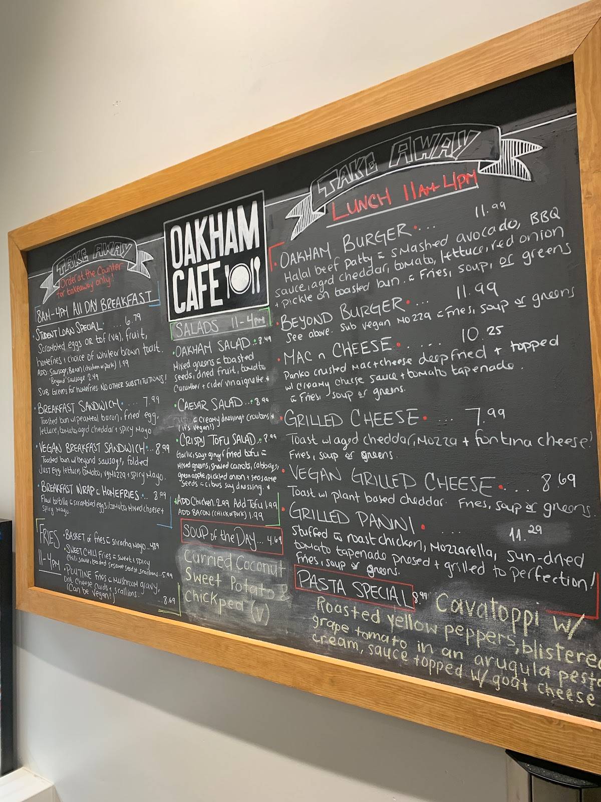 Menu at Oakham Cafe, Toronto