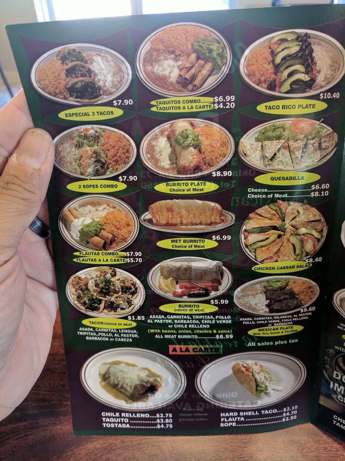 Menu at Tacos Don Nacho restaurant, Oklahoma City