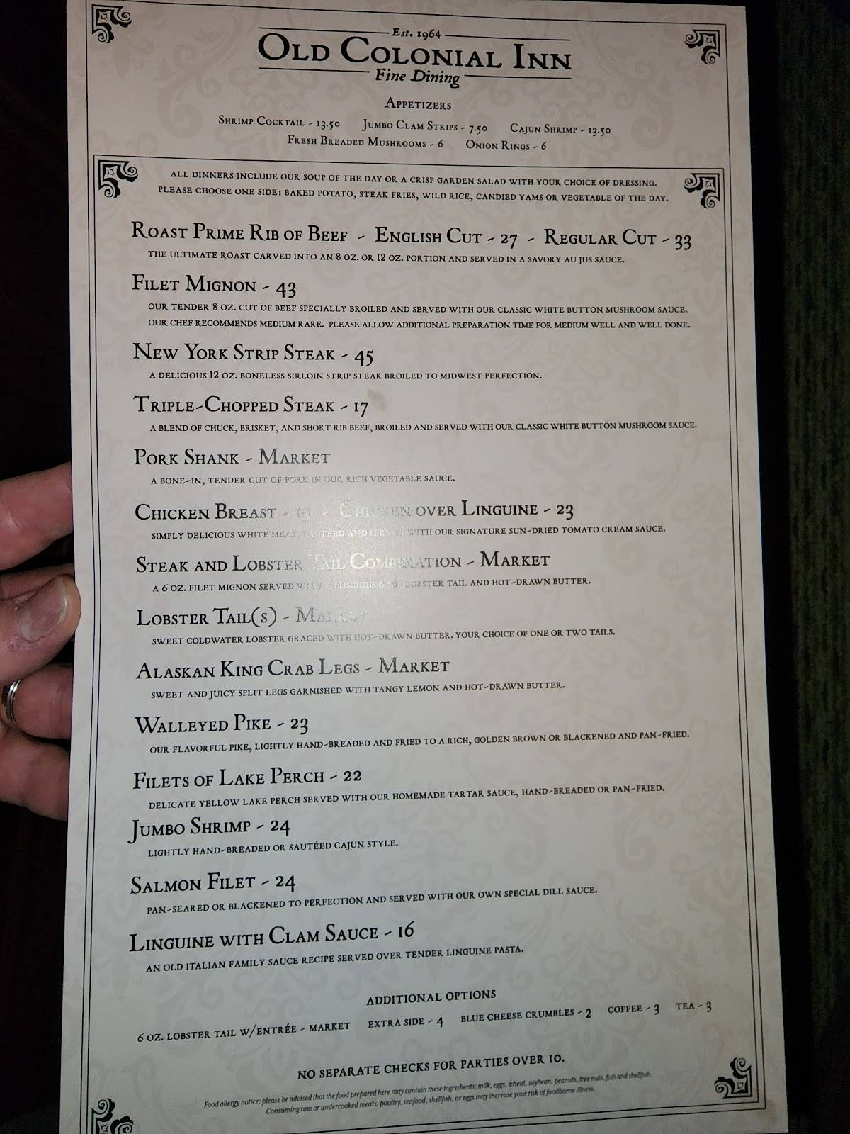 Menu at Old Colonial Inn steakhouse, Kentland