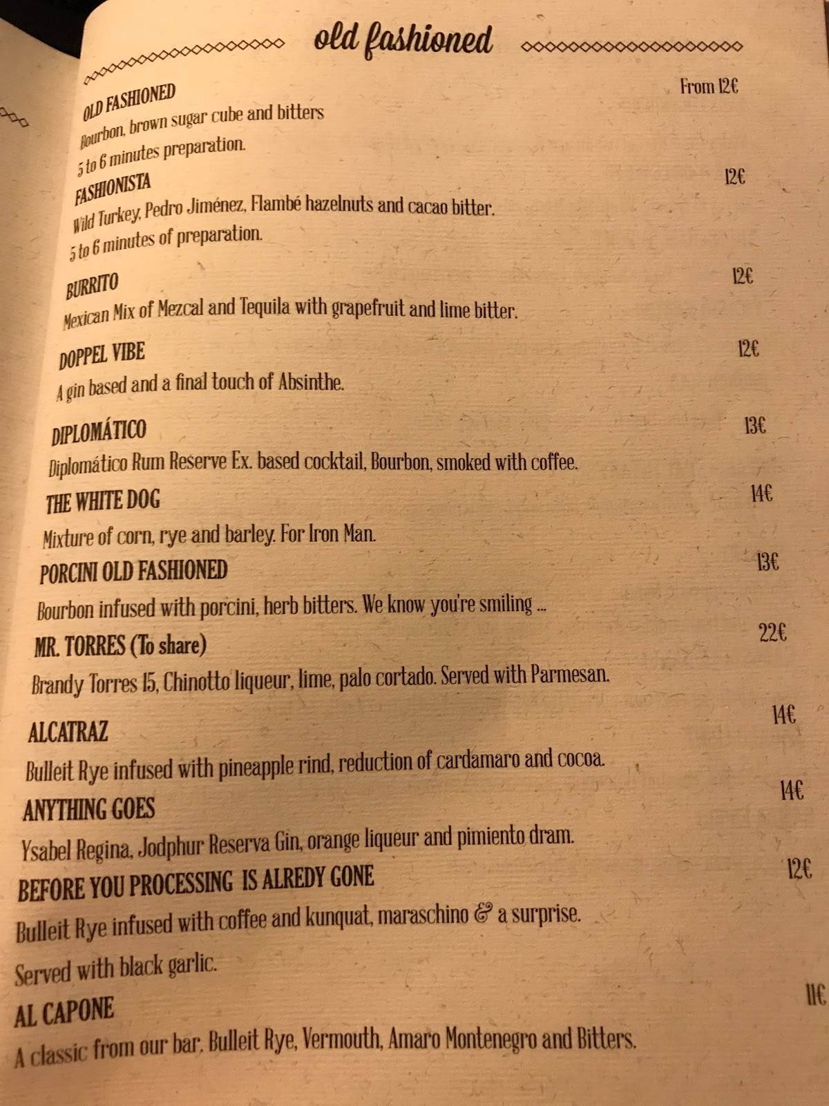 Menu at Old Fashioned pub & bar, Barcelona