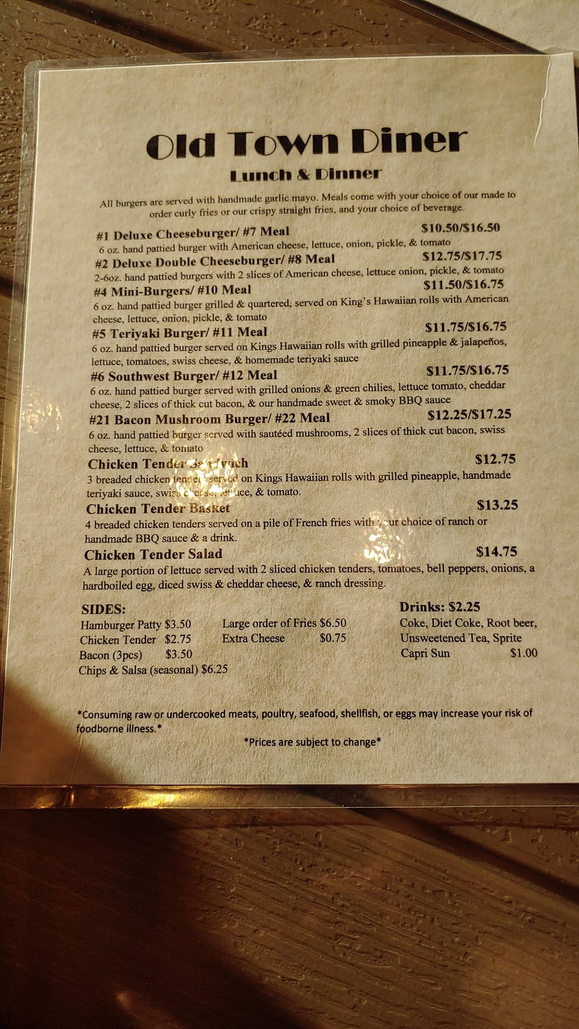 Menu at Old Town Diner restaurant, Valdez