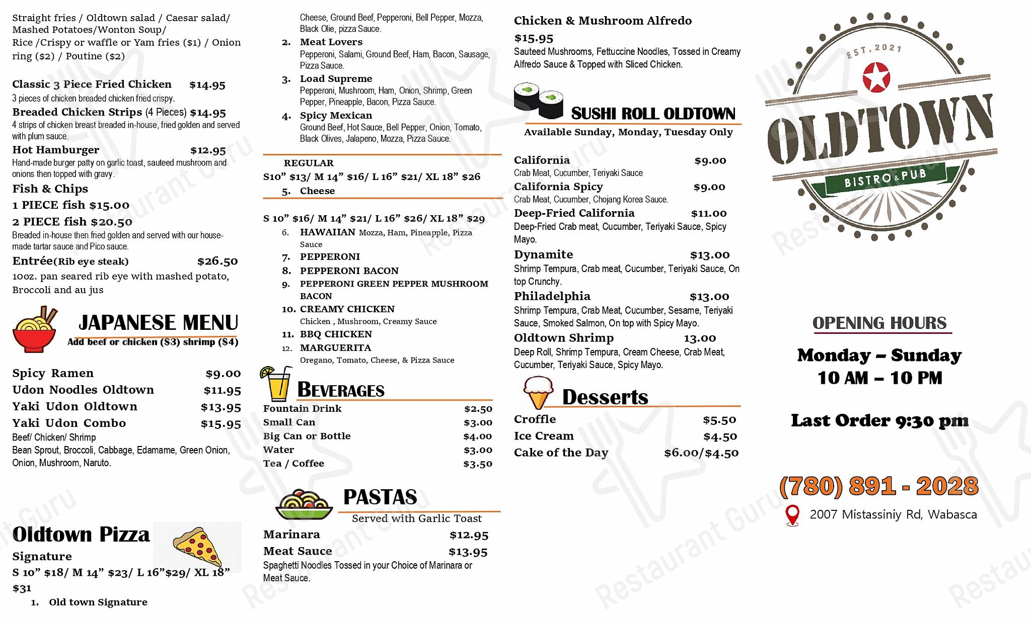 Menu at Old Town Restaurant & Bar, Wabasca-Desmarais