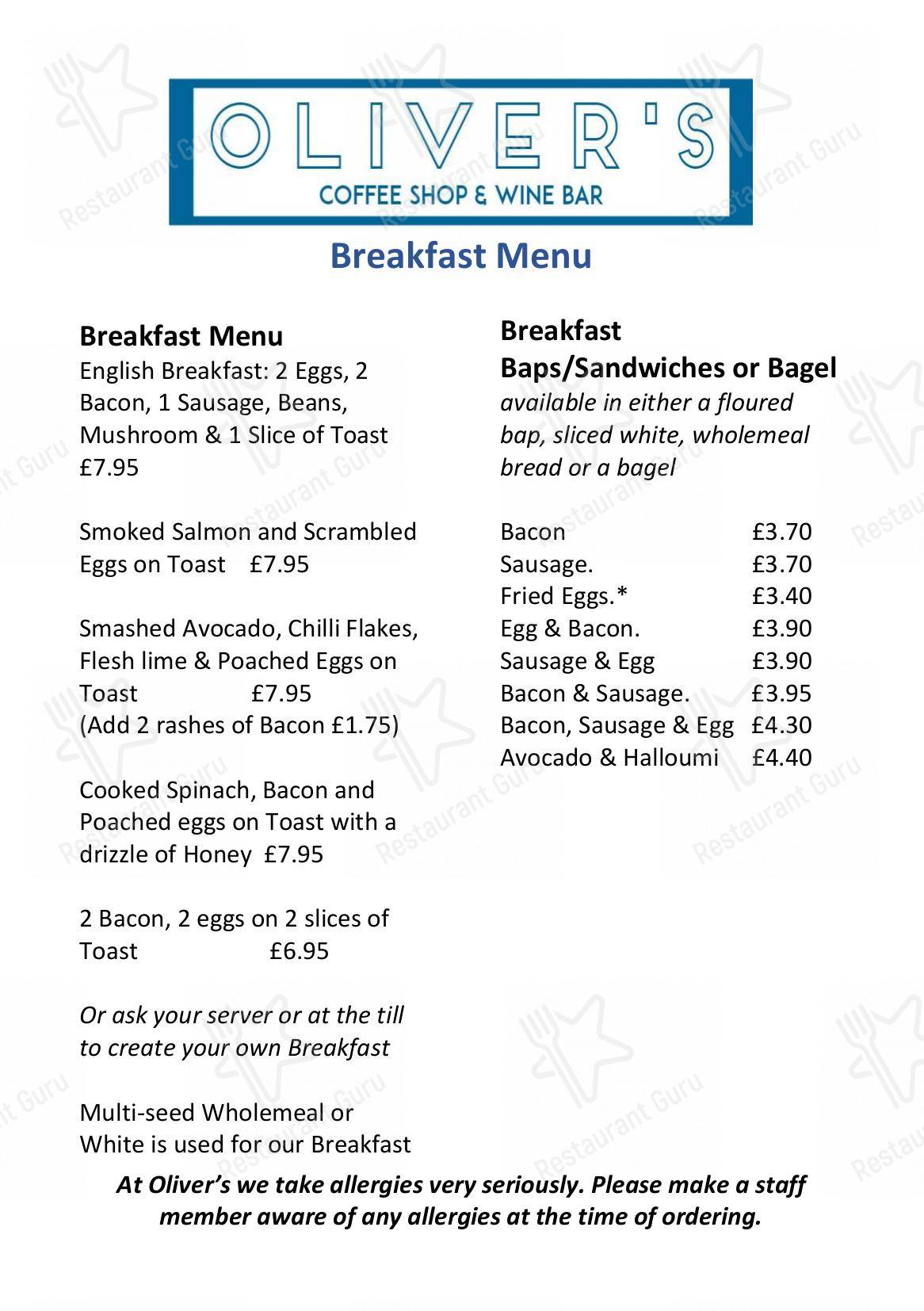 Menu at Oliver's Coffee pub & bar, Haslemere