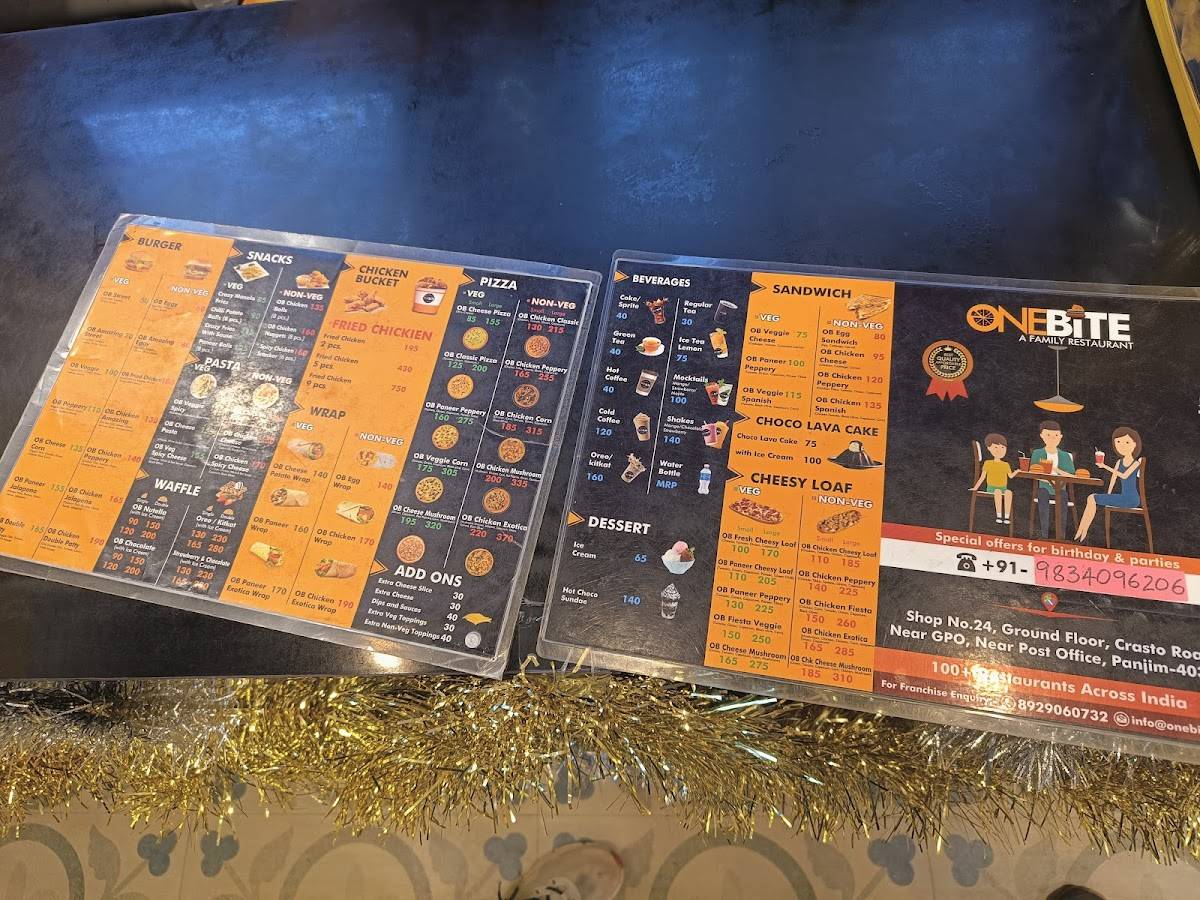 Menu at One Bite Cafe, Panaji