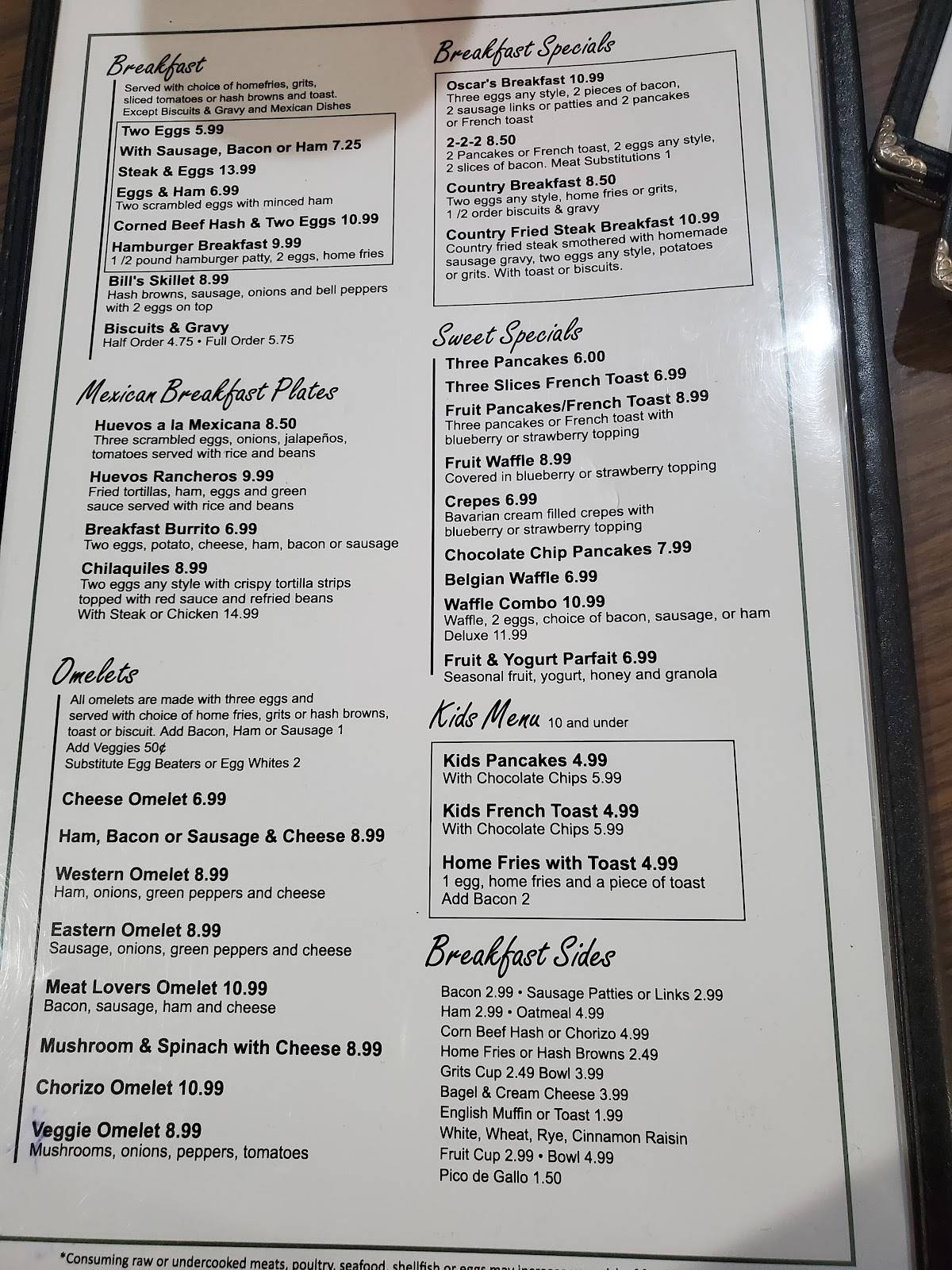 Menu at Oscar's Family Restaurant, Sebring