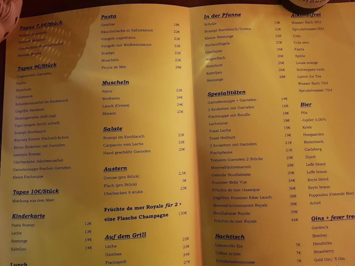 Menu at Apero Fish Palace, Ostend, Nieuwstraat 5