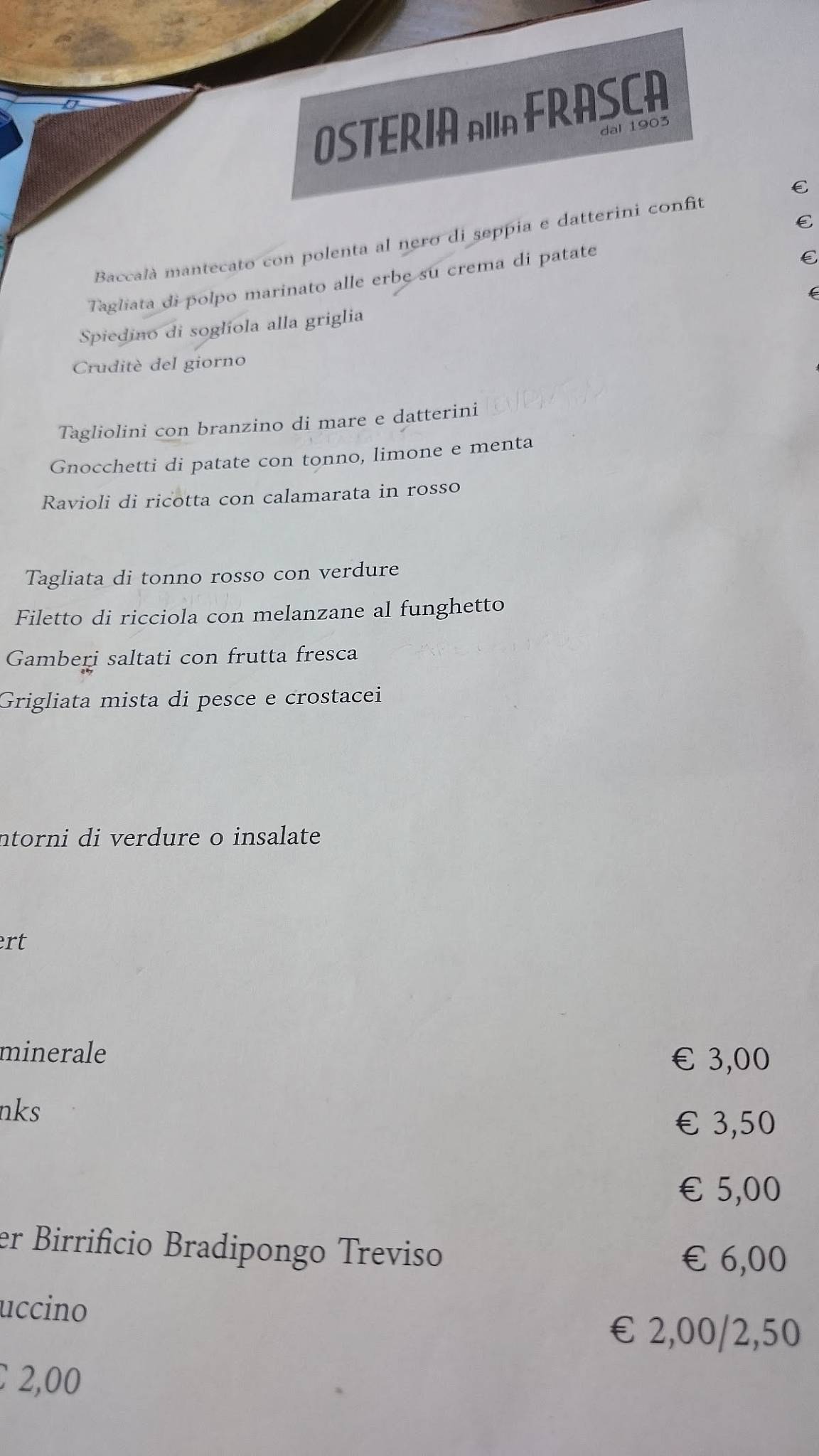 Menu at Osteria Alla Frasca restaurant, Venice, Corte de la Carità
